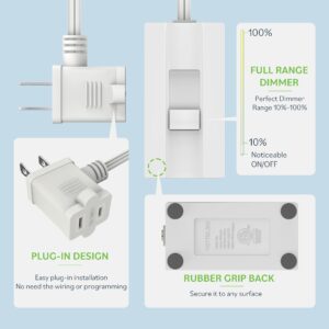 TOPGREENER Table-Top Plug in Dimmer for Table or Floor Lamps, Slide Control, Works with 360 Watt Incandescent/Halogen and 150 Watt Dimmable CFL/LED, Off at Lowest dim, 6ft Cord, TGTTDL300-W, White