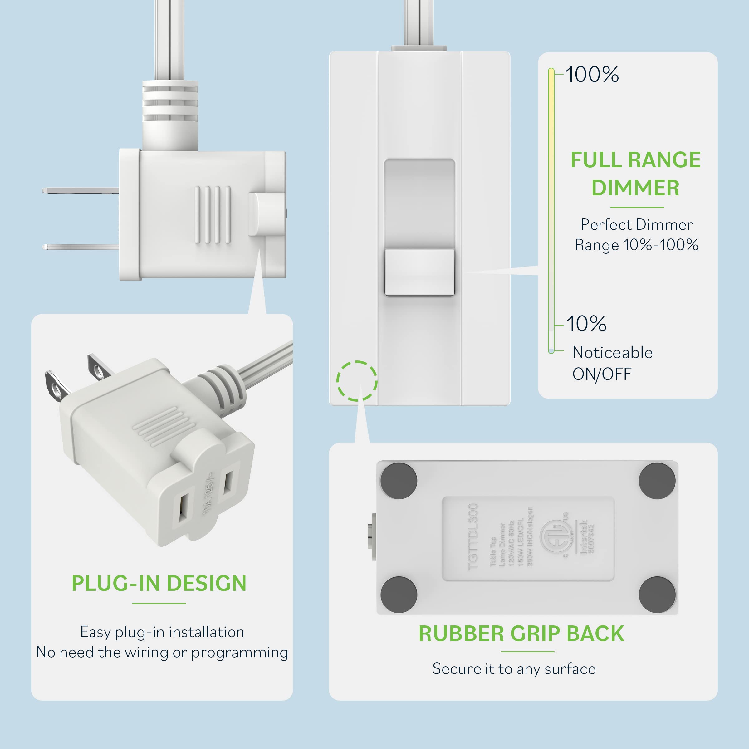 TOPGREENER Table-Top Plug in Dimmer for Table or Floor Lamps, Slide Control, Works with 360 Watt Incandescent/Halogen and 150 Watt Dimmable CFL/LED, Off at Lowest dim, 6ft Cord, TGTTDL300-W, White