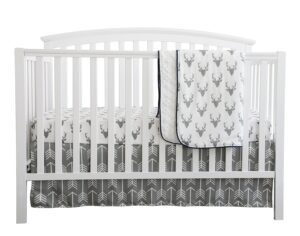 baby boy crib bedding white grey woodland arrow antlers deer head minky blanket navy crib sheet deer buck crib rail bedding set (grey arrow deer head, 3 pieces set)