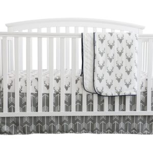 Baby Boy Crib Bedding White Grey Woodland Arrow Antlers Deer Head Minky Blanket Navy Crib Sheet Deer Buck Crib Rail Bedding Set (Grey Arrow Deer Head, 3 Pieces Set)