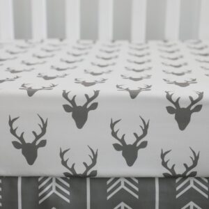 Baby Boy Crib Bedding White Grey Woodland Arrow Antlers Deer Head Minky Blanket Navy Crib Sheet Deer Buck Crib Rail Bedding Set (Grey Arrow Deer Head, 3 Pieces Set)