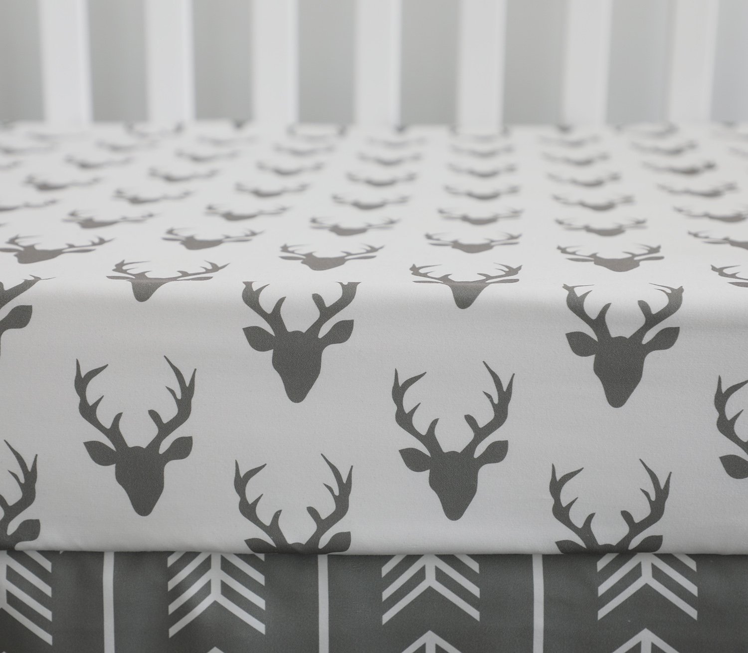 Baby Boy Crib Bedding White Grey Woodland Arrow Antlers Deer Head Minky Blanket Navy Crib Sheet Deer Buck Crib Rail Bedding Set (Grey Arrow Deer Head, 3 Pieces Set)