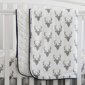 Baby Boy Crib Bedding White Grey Woodland Arrow Antlers Deer Head Minky Blanket Navy Crib Sheet Deer Buck Crib Rail Bedding Set (Grey Arrow Deer Head, 3 Pieces Set)