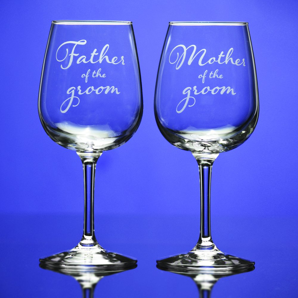 National Etching Father and Mother of the Groom Wedding Wine Glass Set of 2 (Stemmed)