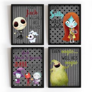 silly goose gifts character themed bathroom wall art print set - even a nightmare will brush teeth take a bath wash hands- funny jack & sally bath reminders picture decor