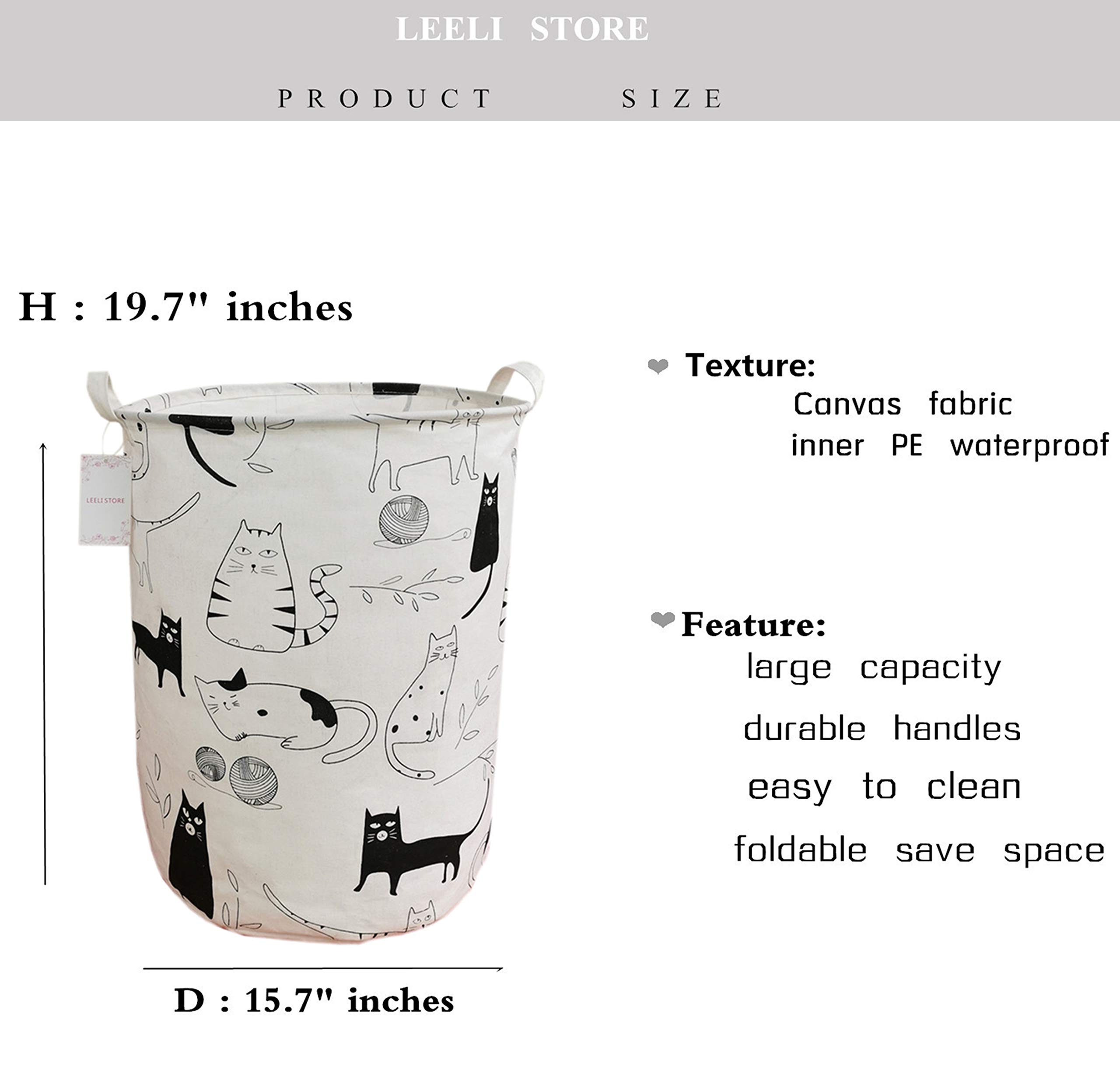 LEELI Laundry Hamper with Handles Collapsible Canvas Laundry Basket,Waterproof Storage Basket Home Organizer for Nursery,Clothes,Toys,Baby Hamper19.7×15.7(kitty)