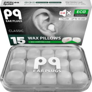 pq wax ear plugs for sleeping, swimming - 15 soft noise cancelling silicone gel wax earplugs for sleep and swimmers, ear protection with sound blocking level of 32 db, (15-pillows), color: white