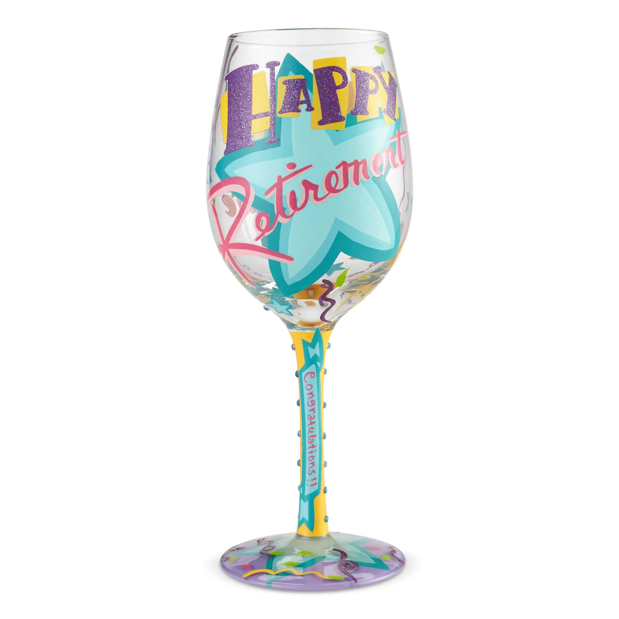 Enesco Designs by Lolita Happy, 15 oz. Retirement Blown Wine Glass, 1 Count (Pack of 1), Multicolor