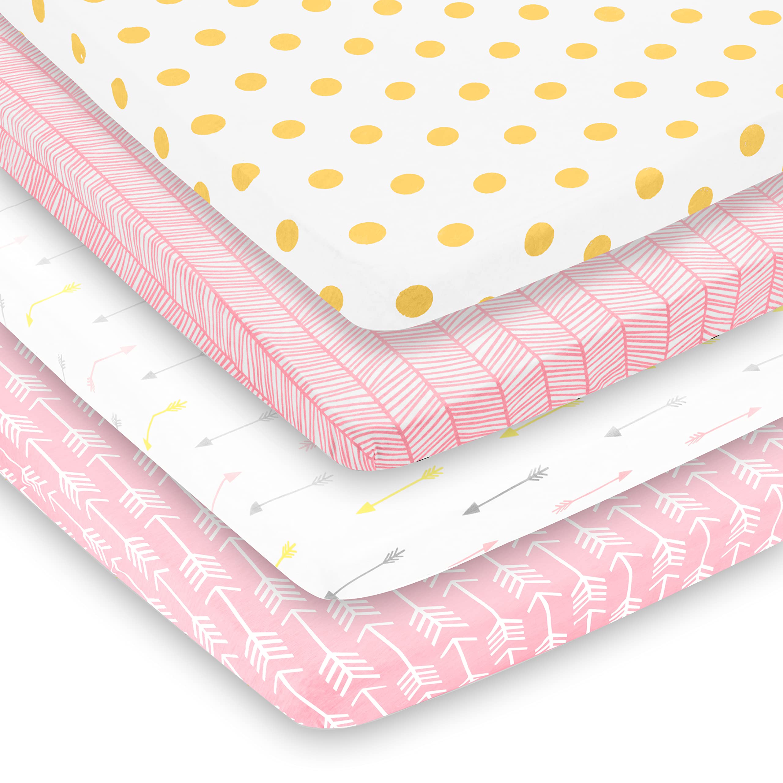 Pack n Play Sheets – Premium Pack and Play Sheets 4 Pack – 100% Super Soft Jersey Knit Cotton Playard Mattress Sheets – Portable Playpen Fitted Play Yard Mini Crib Sheet for Girl (24 x 38 x 5)