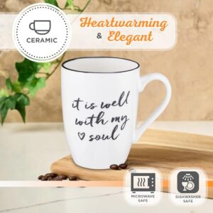 Christian Art Gifts Ceramic Coffee and Tea Mug 12 oz Inspirational Bible Verse Mug for Men and Women: Well With My Soul - Lead-free, Microwave and Dishwasher Safe Novelty White Drinkware