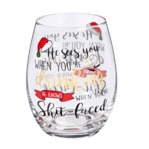 Cypress Home Beautiful Christmas He Sees You When You're Drinking Metallic Stemless Wine Glass - 4 x 5 x 4 Inches Indoor/Outdoor home goods For Kitchens, Parties and Homes