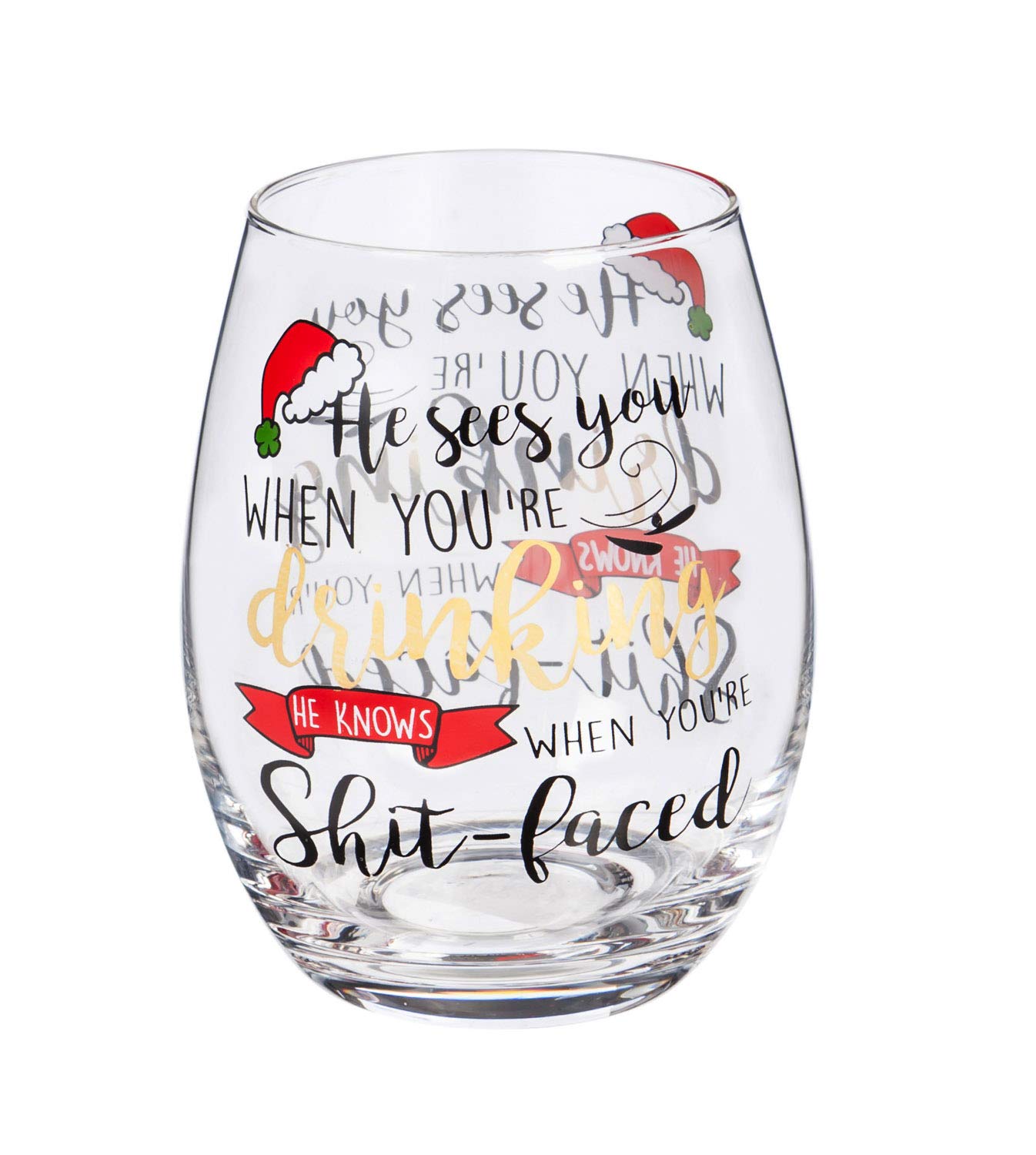 Cypress Home Beautiful Christmas He Sees You When You're Drinking Metallic Stemless Wine Glass - 4 x 5 x 4 Inches Indoor/Outdoor home goods For Kitchens, Parties and Homes