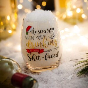 Cypress Home Beautiful Christmas He Sees You When You're Drinking Metallic Stemless Wine Glass - 4 x 5 x 4 Inches Indoor/Outdoor home goods For Kitchens, Parties and Homes