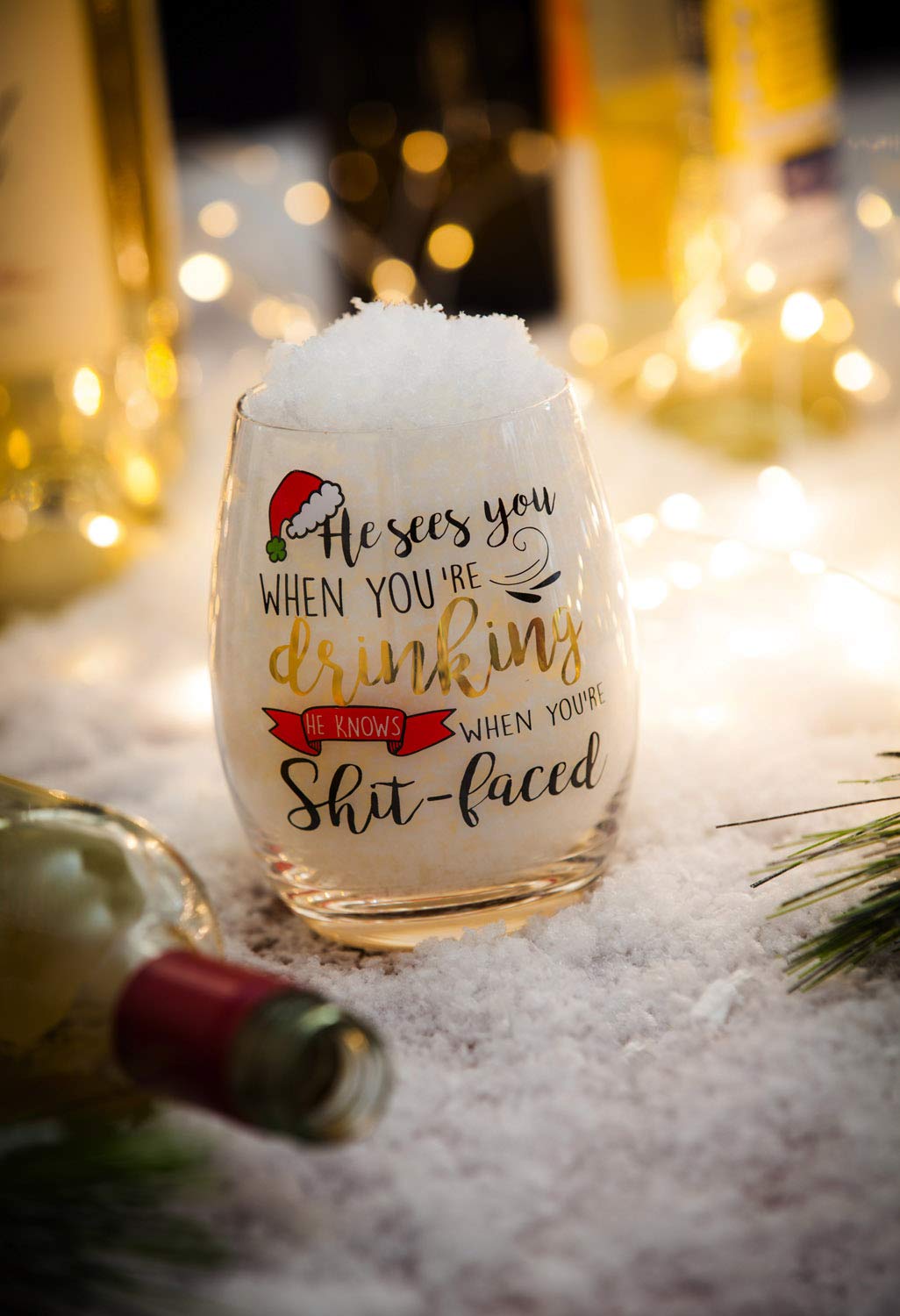 Cypress Home Beautiful Christmas He Sees You When You're Drinking Metallic Stemless Wine Glass - 4 x 5 x 4 Inches Indoor/Outdoor home goods For Kitchens, Parties and Homes