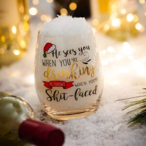 Cypress Home Beautiful Christmas He Sees You When You're Drinking Metallic Stemless Wine Glass - 4 x 5 x 4 Inches Indoor/Outdoor home goods For Kitchens, Parties and Homes