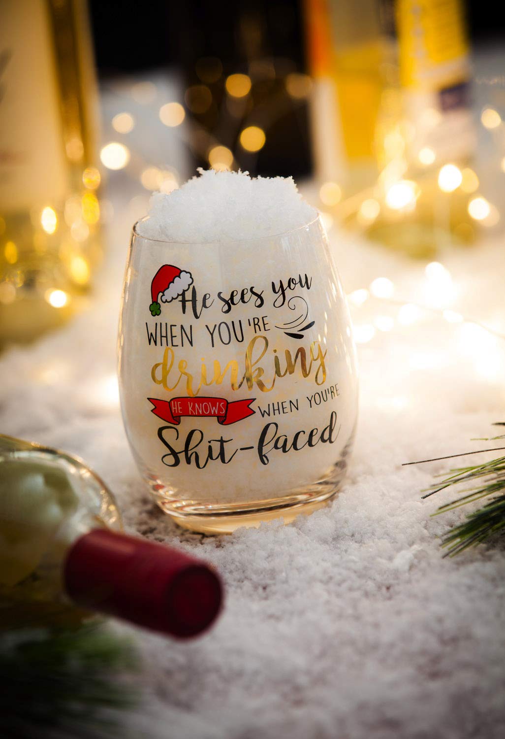 Cypress Home Beautiful Christmas He Sees You When You're Drinking Metallic Stemless Wine Glass - 4 x 5 x 4 Inches Indoor/Outdoor home goods For Kitchens, Parties and Homes