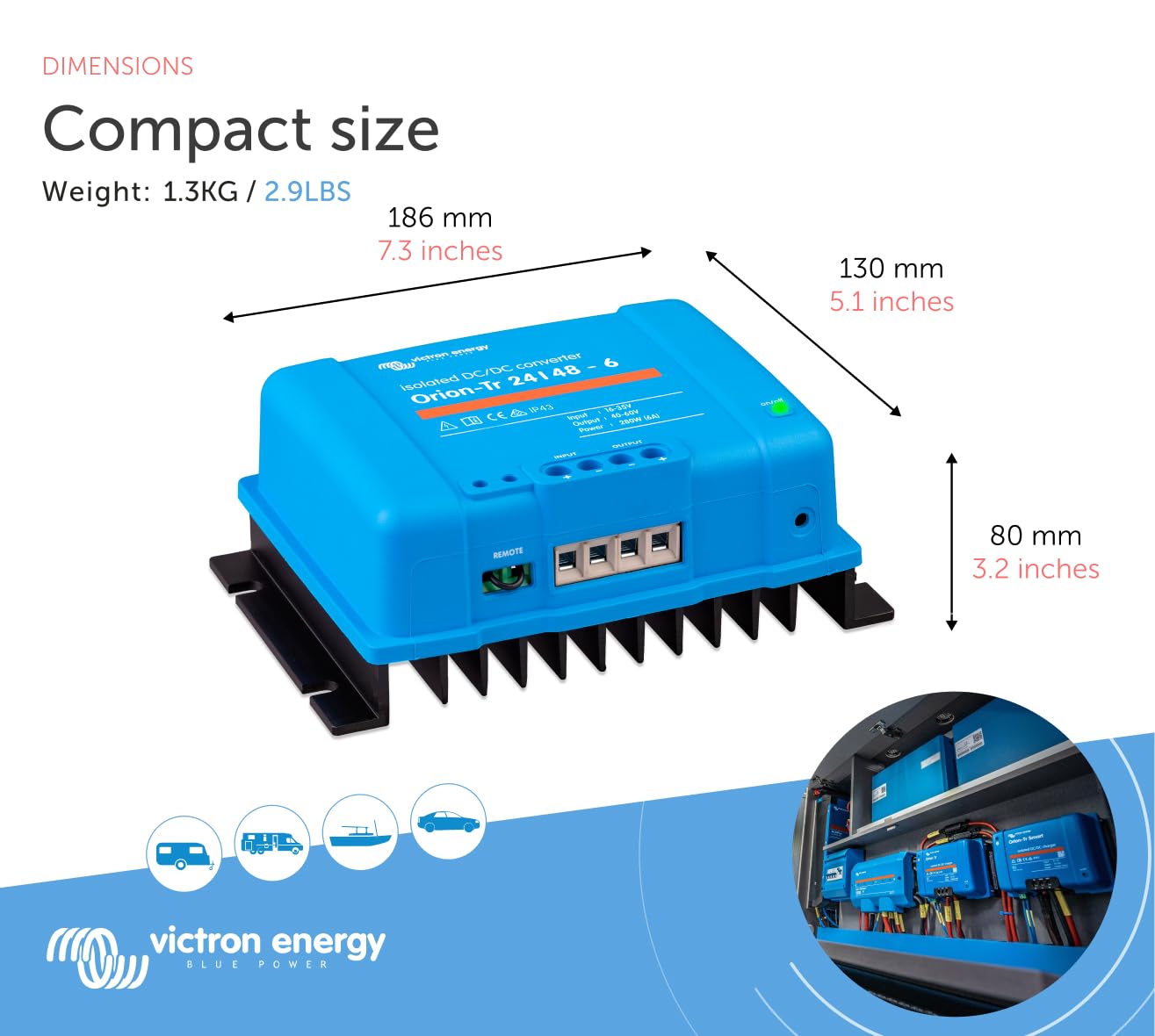 Victron Energy Orion-Tr IP43 24/48-Volt 6 amp 280-Watt Isolated DC-DC Converter