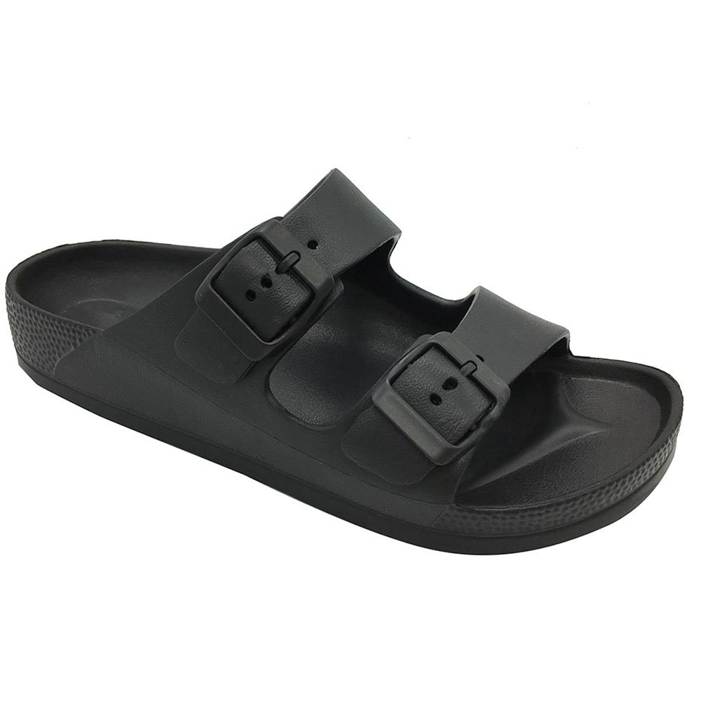 FUNKYMONKEY Men's Comfort Slides Double Buckle Adjustable EVA Flat Sandals (12 M US, Black/SPK)