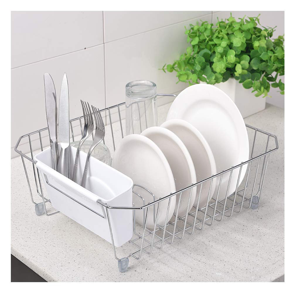 IKEBANA Dish Drying Rack, Kitchen in-Sink Chrome Finish Wire Dish Rack, Small Dish Drainer Rack with Removable White Plastic Utensils Holder