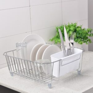 IKEBANA Dish Drying Rack, Kitchen in-Sink Chrome Finish Wire Dish Rack, Small Dish Drainer Rack with Removable White Plastic Utensils Holder