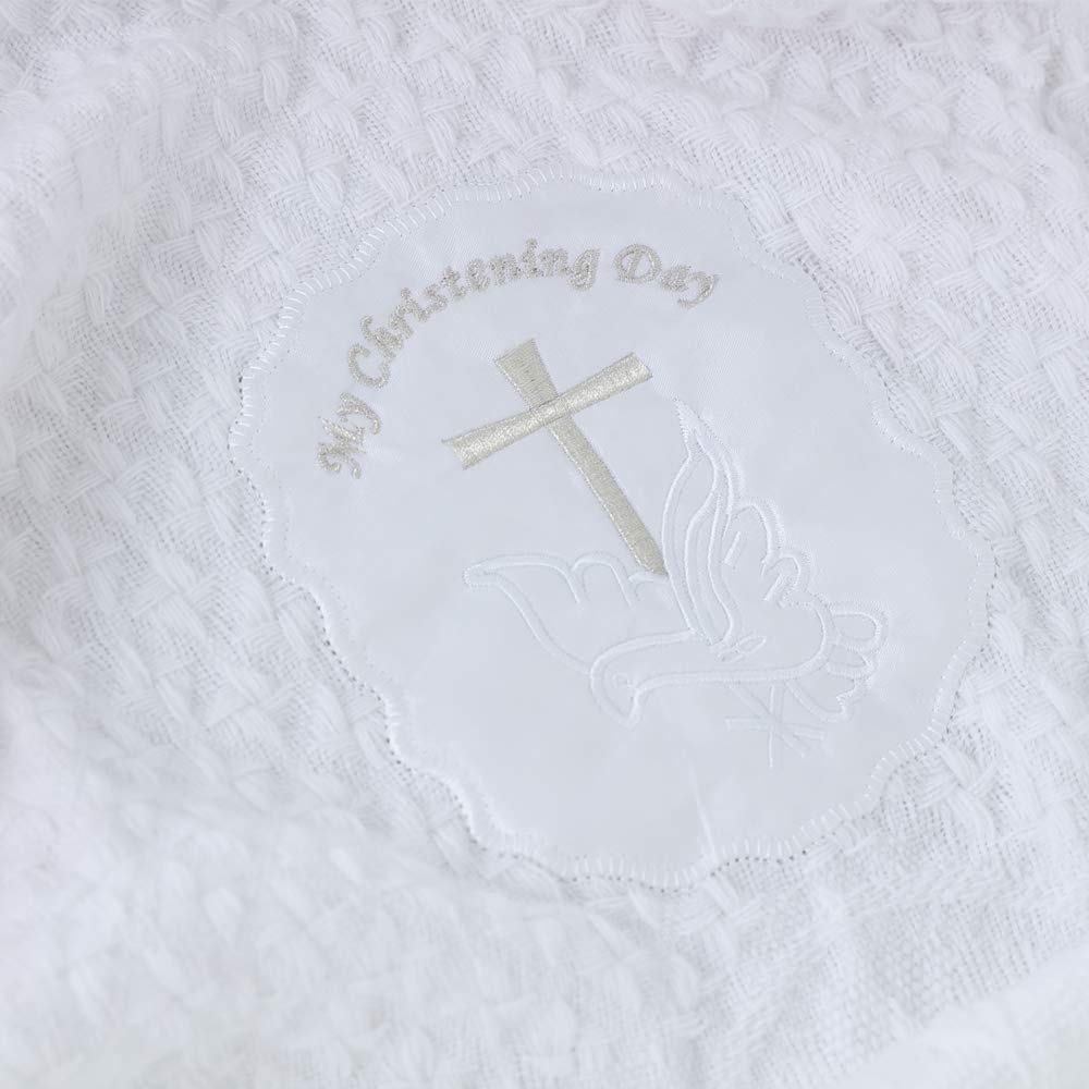 Booulfi Baby Blanket Newborn Unisex White Baby Blanket Shawl Knitted Nursing Cover Baby Summer Autumn Winter Baptism Christening Blanket with Embroidered Cross