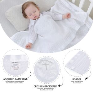 Booulfi Baby Blanket Newborn Unisex White Baby Blanket Shawl Knitted Nursing Cover Baby Summer Autumn Winter Baptism Christening Blanket with Embroidered Cross