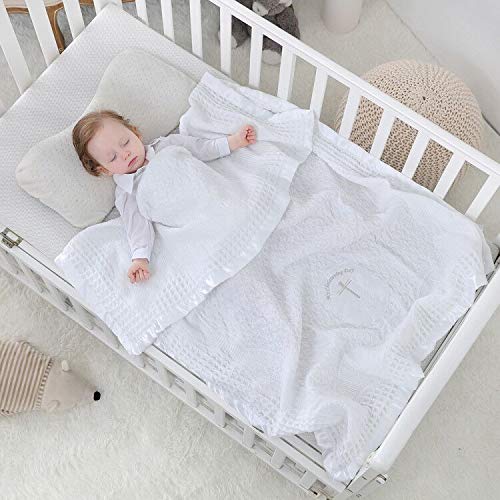 Booulfi Baby Blanket Newborn Unisex White Baby Blanket Shawl Knitted Nursing Cover Baby Summer Autumn Winter Baptism Christening Blanket with Embroidered Cross