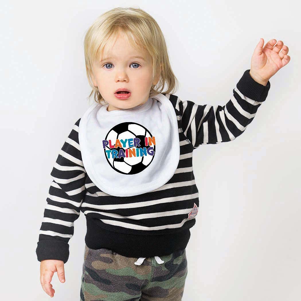 ChalkTalkSPORTS Soccer Baby & Infant Bib | Soccer Player In Training | Soft Microfiber Bib