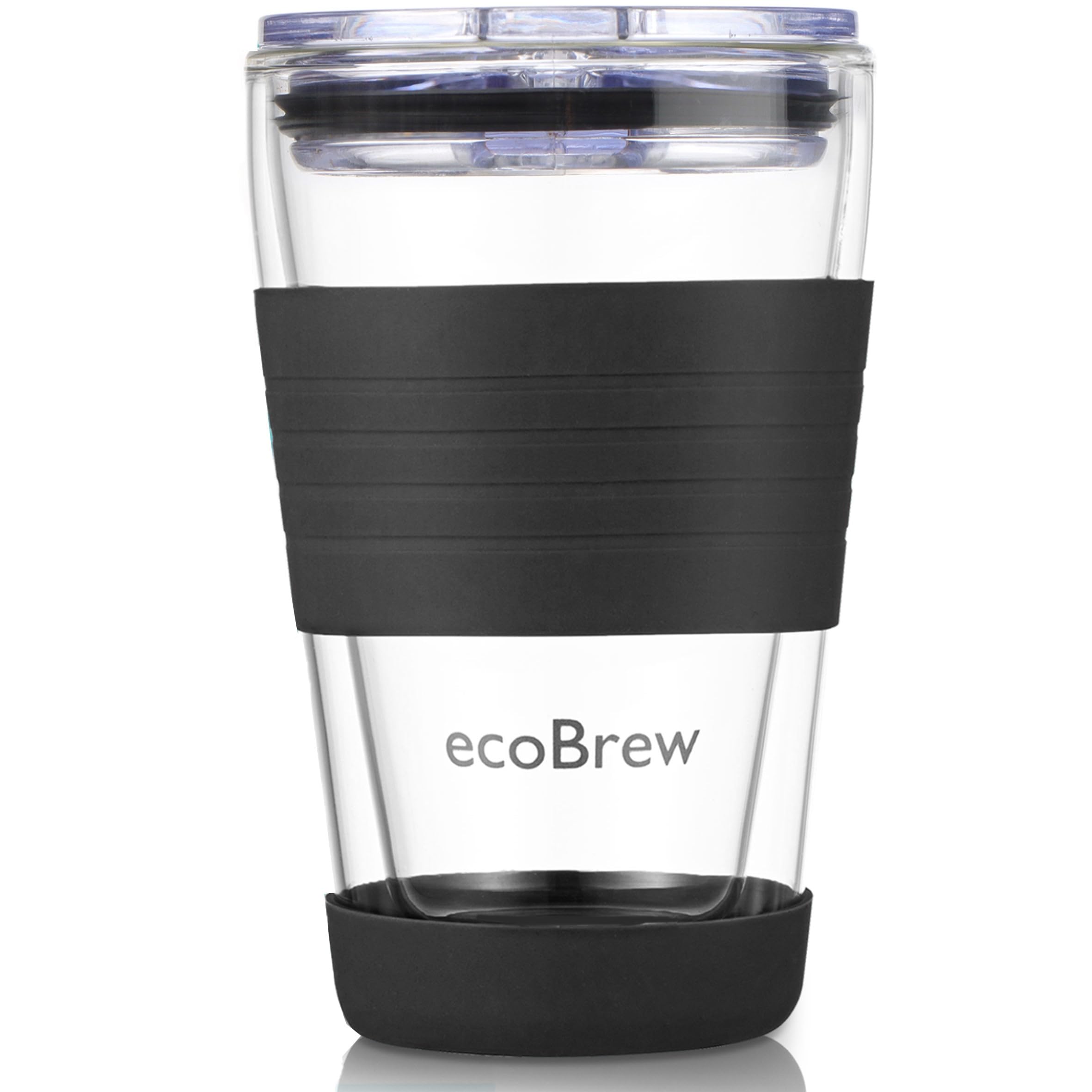 ecoBrew 12oz Double Wall Glass Tumbler with Lid, Dishwasher Safe & Microwavable Coffee Glass Travel Mug, Clear Reusable Coffee Cup To Go for Hot & Cold Drinks