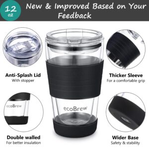 ecoBrew 12oz Double Wall Glass Tumbler with Lid, Dishwasher Safe & Microwavable Coffee Glass Travel Mug, Clear Reusable Coffee Cup To Go for Hot & Cold Drinks