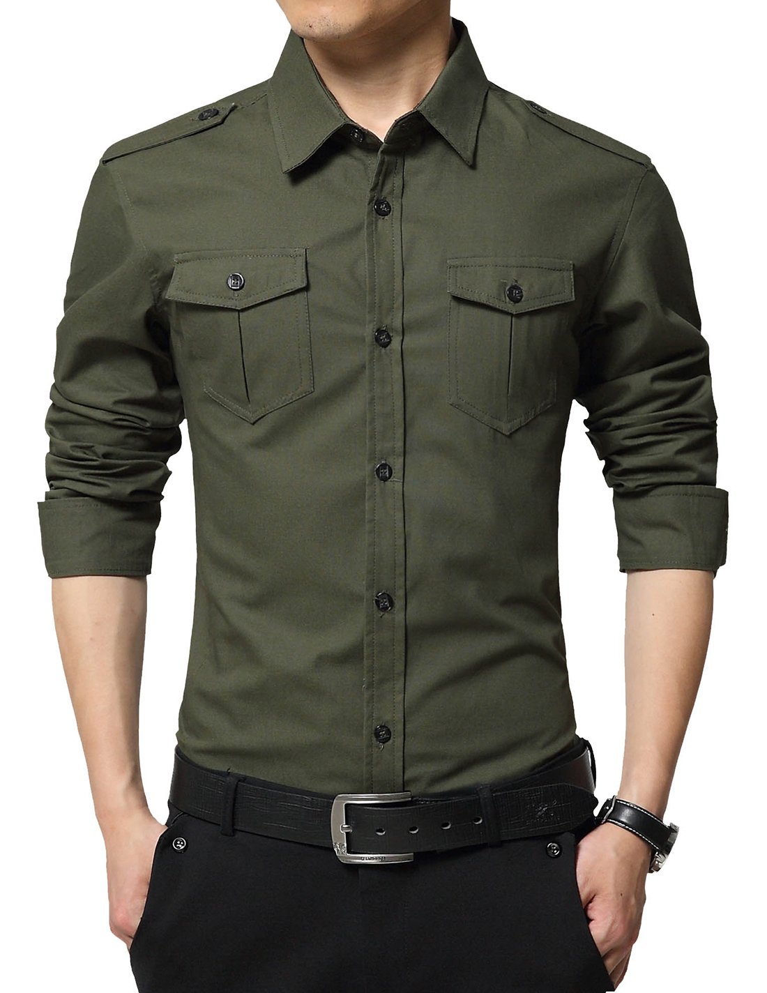 XTAPAN Men's Long Sleeve Casual Slim Fit Button Down Dress Shirt with Two Pockets Asian 5XL=US XL Army Green 6620