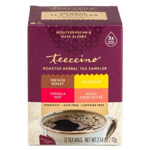 Teeccino Herbal Tea Sampler Assortment - Maca Chocolaté, French Roast, Hazelnut, Vanilla Nut - Roasted Caffeine Free Herbal Tea, Prebiotic for Natural Energy, 12 Tea Bags