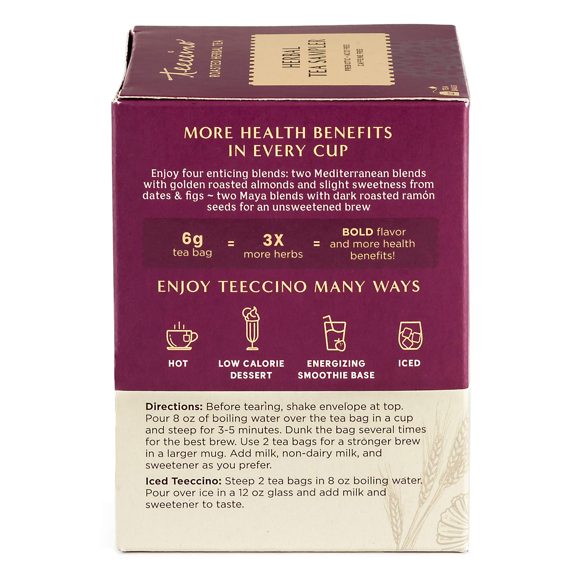 Teeccino Herbal Tea Sampler Assortment - Maca Chocolaté, French Roast, Hazelnut, Vanilla Nut - Roasted Caffeine Free Herbal Tea, Prebiotic for Natural Energy, 12 Tea Bags