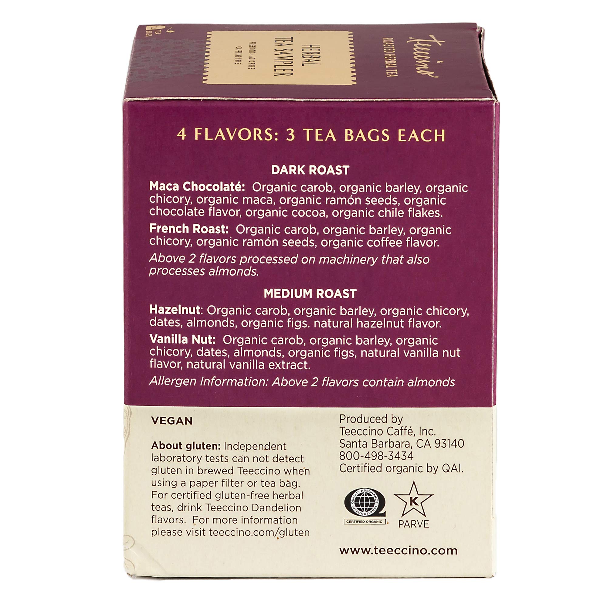 Teeccino Herbal Tea Sampler Assortment - Maca Chocolaté, French Roast, Hazelnut, Vanilla Nut - Roasted Caffeine Free Herbal Tea, Prebiotic for Natural Energy, 12 Tea Bags