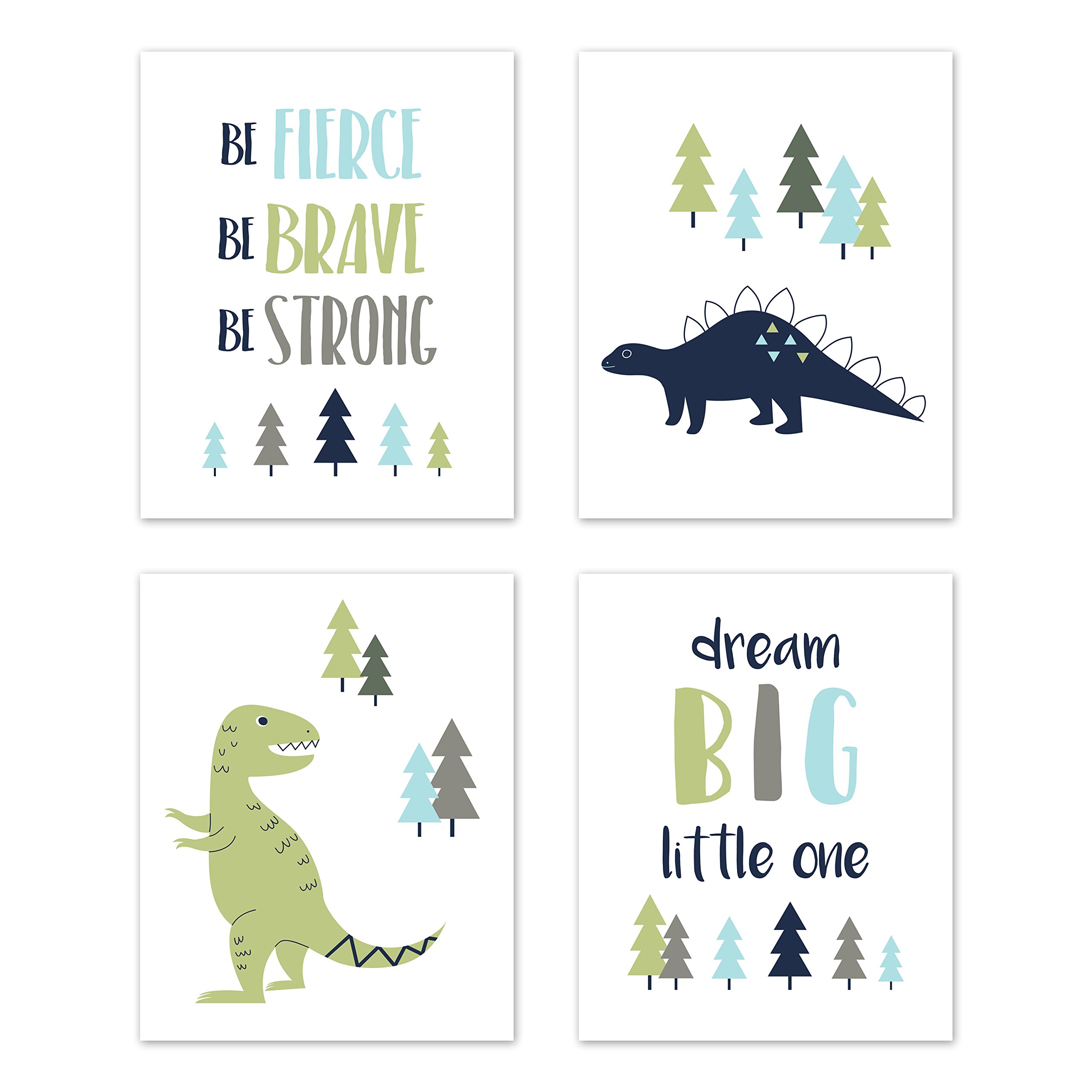 Sweet Jojo Designs Blue and Green Dream Big Dino Wall Art Prints Room Decor for Baby, Nursery, and Kids for Mod Dinosaur Collection - Set of 4