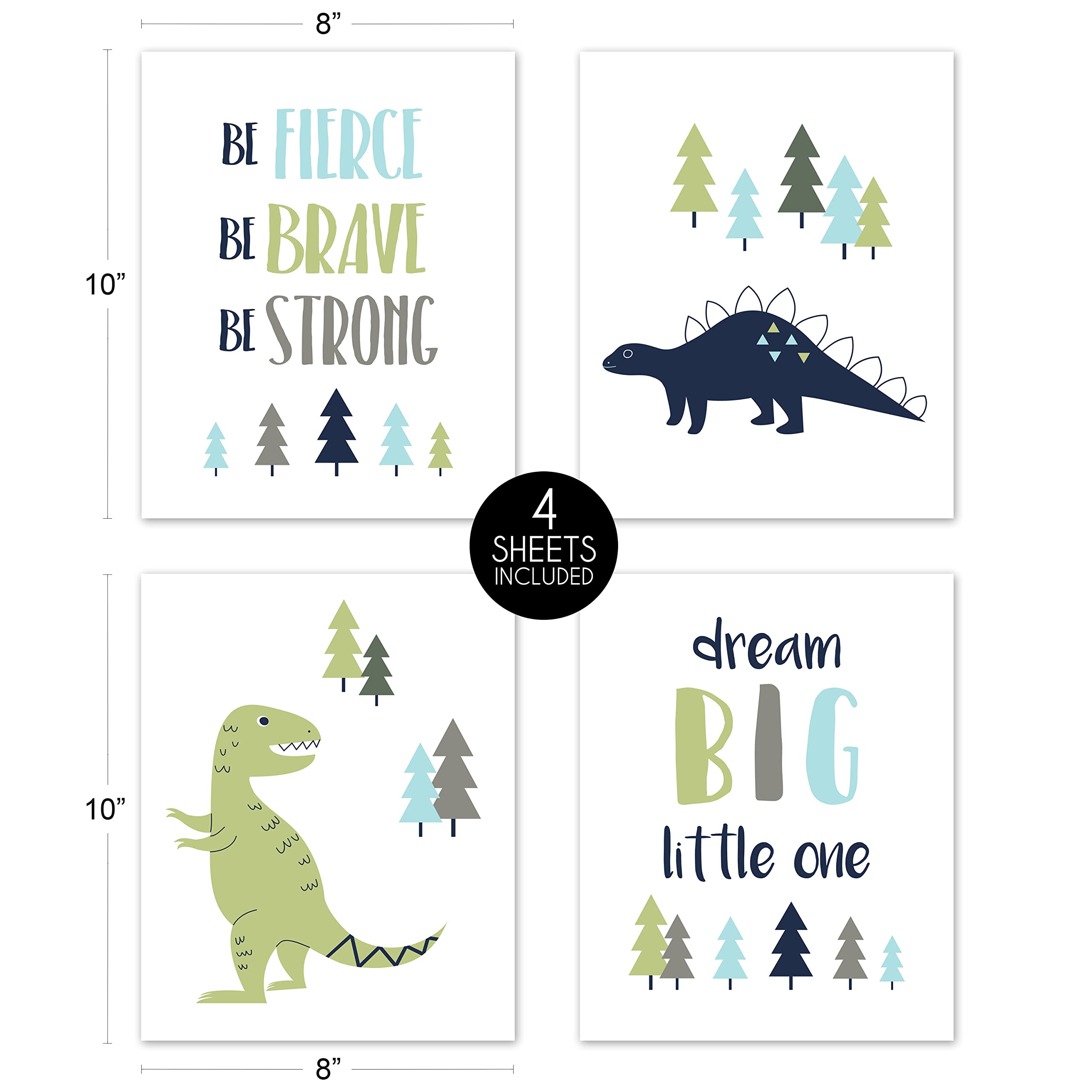 Sweet Jojo Designs Blue and Green Dream Big Dino Wall Art Prints Room Decor for Baby, Nursery, and Kids for Mod Dinosaur Collection - Set of 4