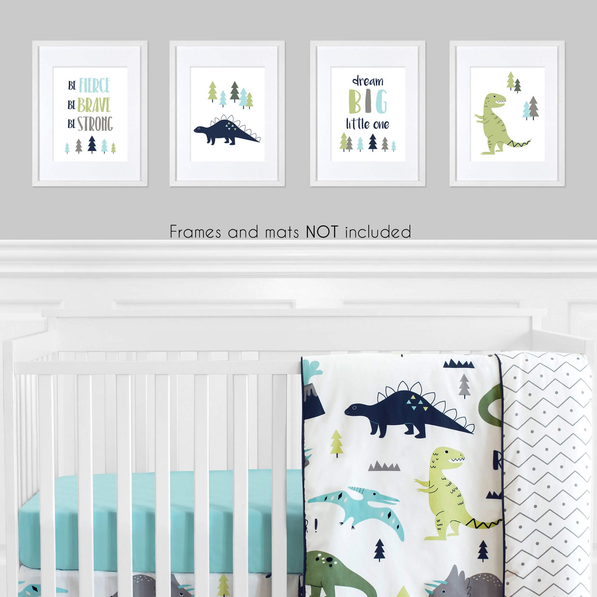 Sweet Jojo Designs Blue and Green Dream Big Dino Wall Art Prints Room Decor for Baby, Nursery, and Kids for Mod Dinosaur Collection - Set of 4