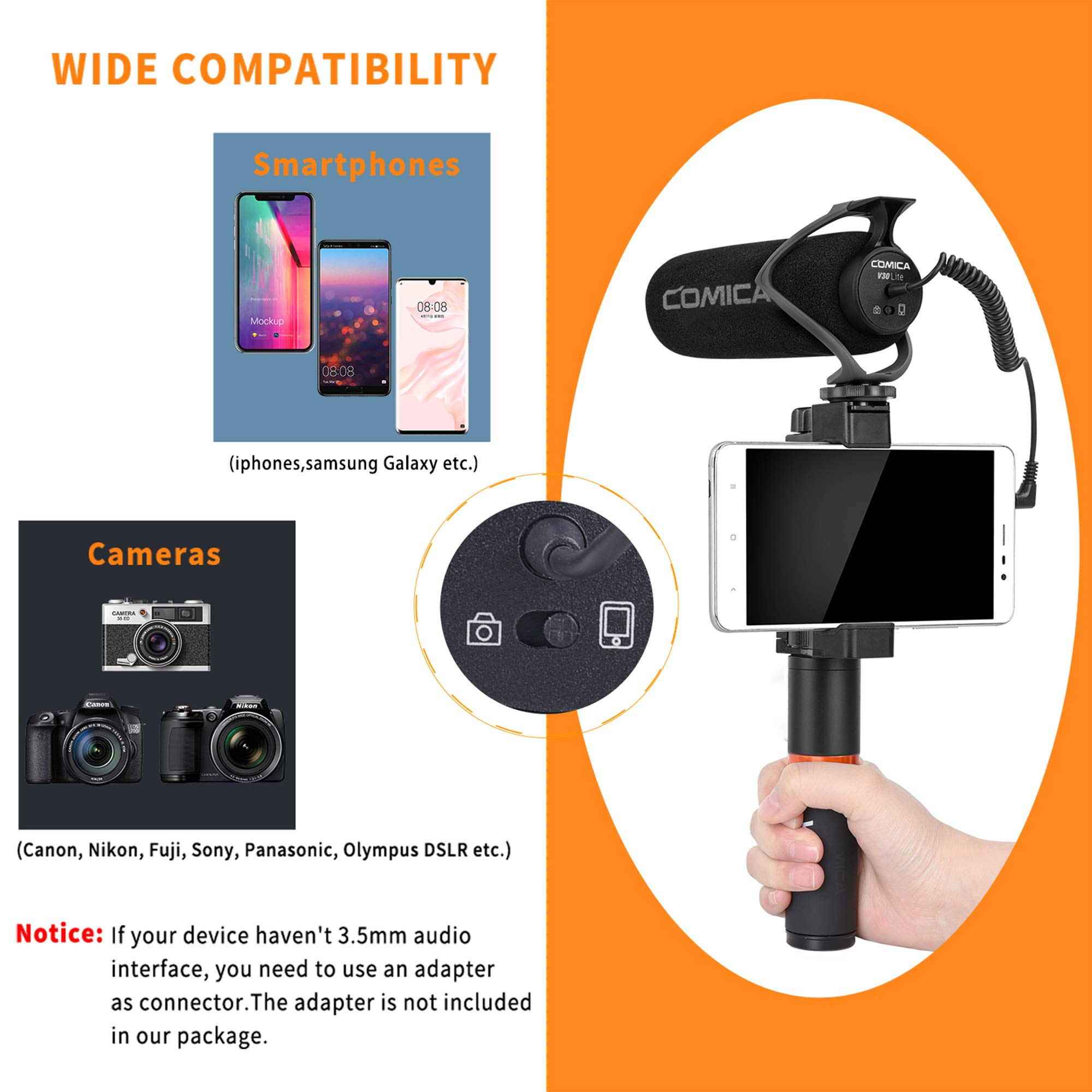 comica CVM-V30 LITE Video Microphone,Super-Cardioid Condenser On-Camera Shotgun Microphone for Canon Nikon Sony Panasonic DSLR Cameras,Mic for iPhone Android Smartphone with 3.5mm Jack(Black)