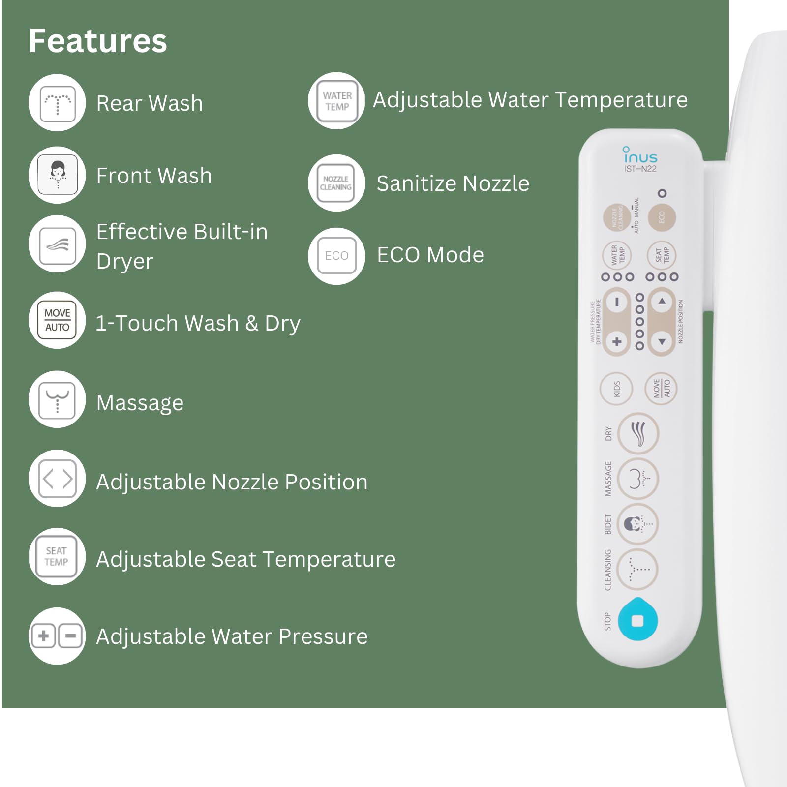 Inus N22 Electric Heated Bidet Toilet Seat Elongated, Warm Water, Smart Heated Water Luxury Bidet Toilet Seat with Kids Mode, Air Dryer, Self Cleaning, Tankless, Smart Touch Panel & Temp Control