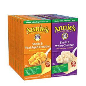 annie's organic macaroni and cheese variety pack, shells & white cheddar and shells & real aged cheddar, 6 oz (pack of 12)