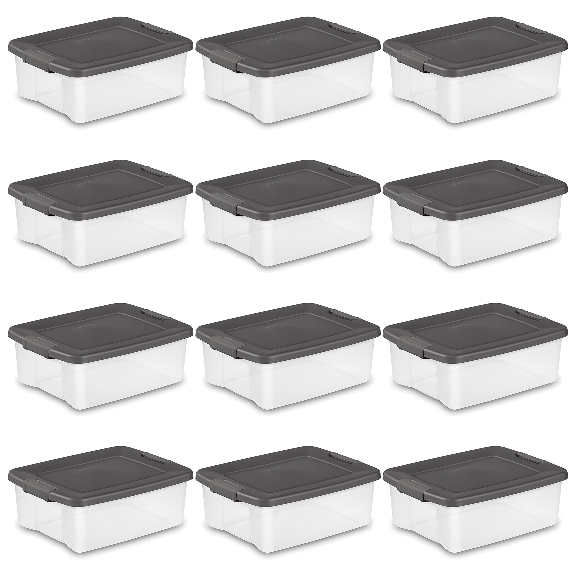 Sterilite 25 Quart Shelf Tote with Flat Gray Lid with Handles and Platinum Latches For Home Organization, Clear Base (12 Pack)