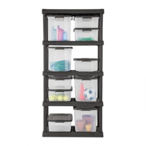 Sterilite 25 Quart Shelf Tote with Flat Gray Lid with Handles and Platinum Latches For Home Organization, Clear Base (12 Pack)