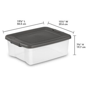 Sterilite 25 Quart Shelf Tote with Flat Gray Lid with Handles and Platinum Latches For Home Organization, Clear Base (12 Pack)