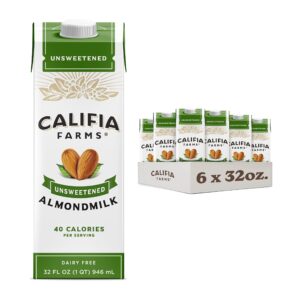 califia farms - unsweetened almond milk, 32 oz (pack of 6), dairy free, vegan, plant based, keto food, shelf stable, vegan, gluten free, non gmo, sugar free, high calcium, smoothie