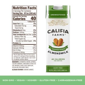 Califia Farms - Unsweetened Almond Milk, 32 Oz (Pack of 6), Dairy Free, Vegan, Plant Based, Keto Food, Shelf Stable, Vegan, Gluten Free, Non GMO, Sugar Free, High Calcium, Smoothie