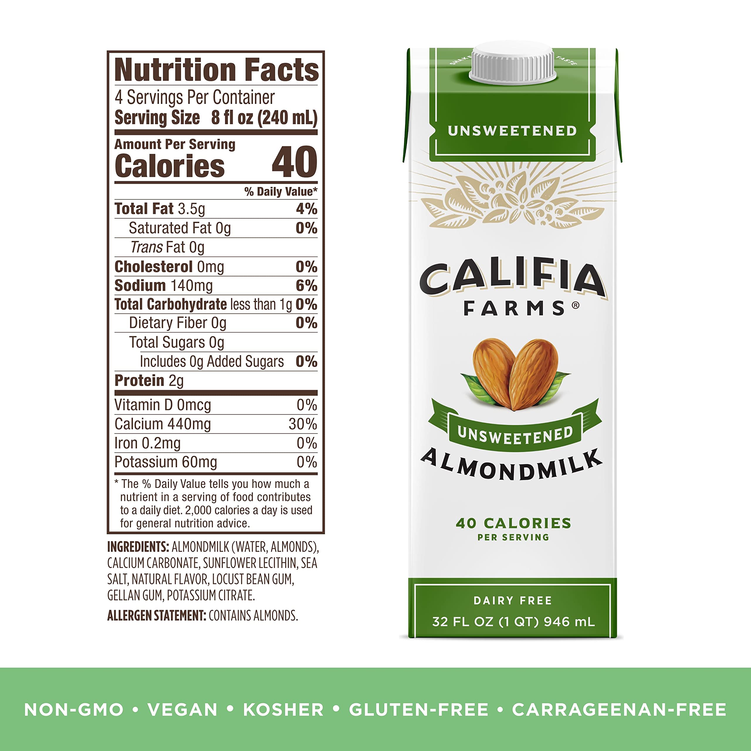 Califia Farms - Unsweetened Almond Milk, 32 Oz (Pack of 6), Dairy Free, Vegan, Plant Based, Keto Food, Shelf Stable, Vegan, Gluten Free, Non GMO, Sugar Free, High Calcium, Smoothie