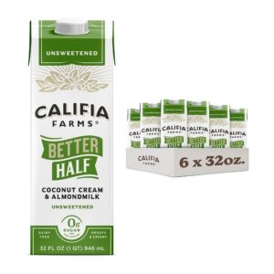 califia farms - unsweetened better half, half and half substitute, 32 oz (pack of 6), almond milk, coconut cream, coffee creamer, keto, shelf stable, dairy free, plant based, vegan