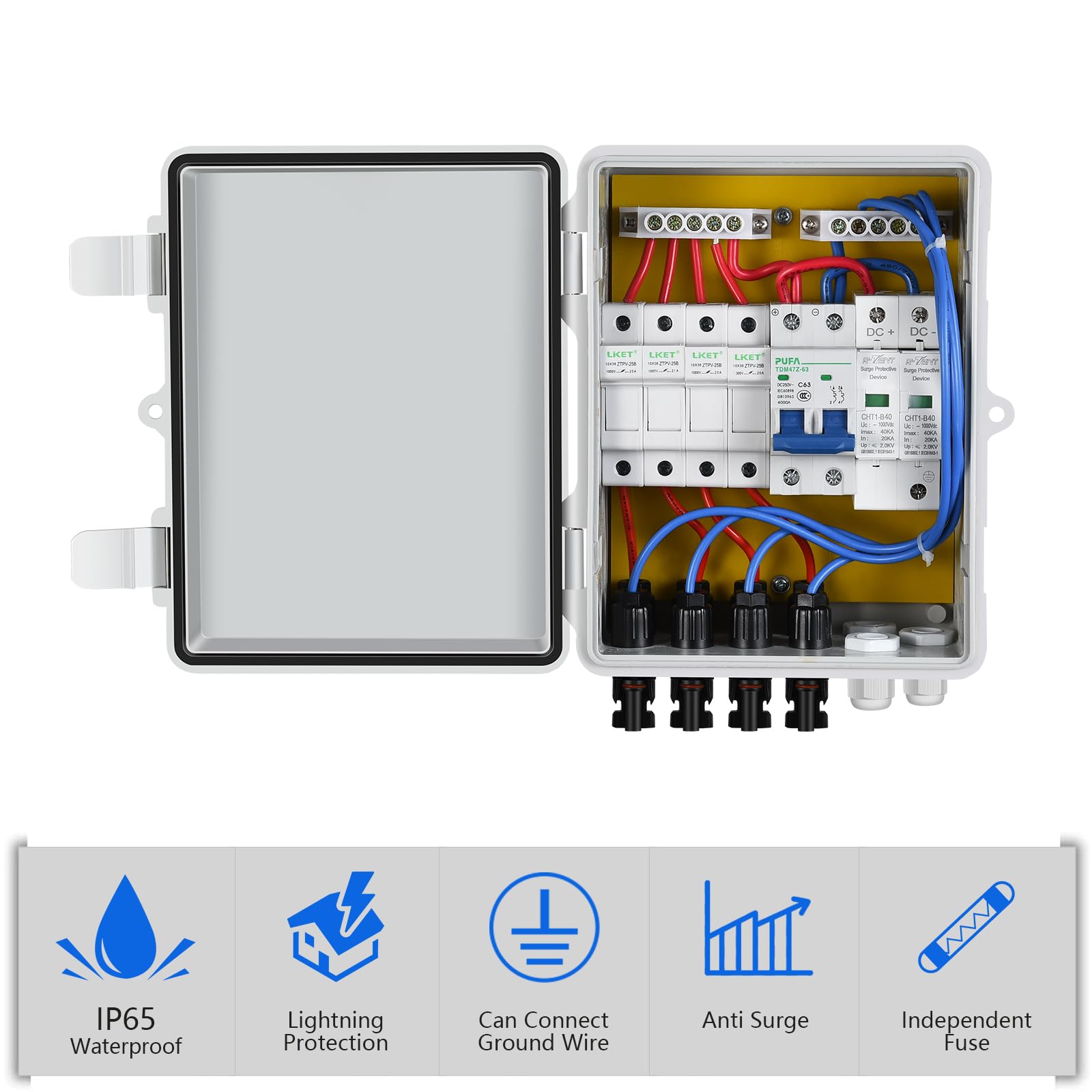 ECO-WORTHY 4 String PV Combiner Box with Lightning Arreste, 10A Rated Current Fuse and Circuit Breakers for On/Off Grid Solar Panel System