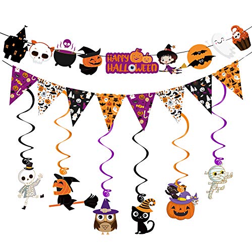 2023 Halloween Banner Party Decoration（Pre-Assembled）Cute Halloween Garland Bunting Banner Triangle Flag with Foil Swirl Ceiling Hanging Cards, Pumpkin Ghost Witches Bat Spider Skull Sticker