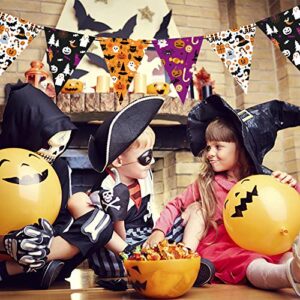 2023 Halloween Banner Party Decoration（Pre-Assembled）Cute Halloween Garland Bunting Banner Triangle Flag with Foil Swirl Ceiling Hanging Cards, Pumpkin Ghost Witches Bat Spider Skull Sticker